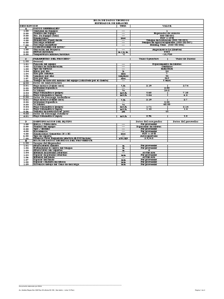 Hoja de Datos Tecnicos - Espesador | PDF