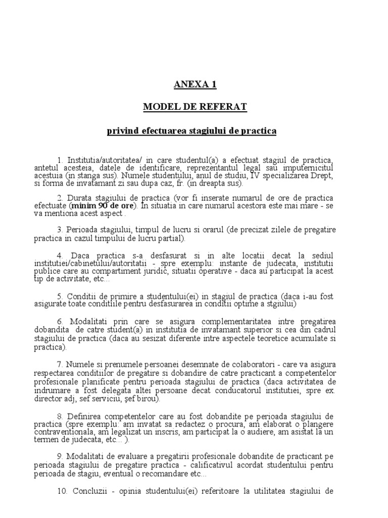 Anexa 1 Model De Referat privind efectuarea stagiului de practica