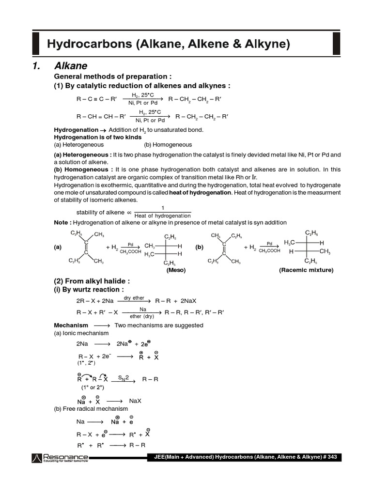 JEE Hydrocarbons: Alkanes, Alkenes, Alkynes | PDF | Alkene | Hydrogenation