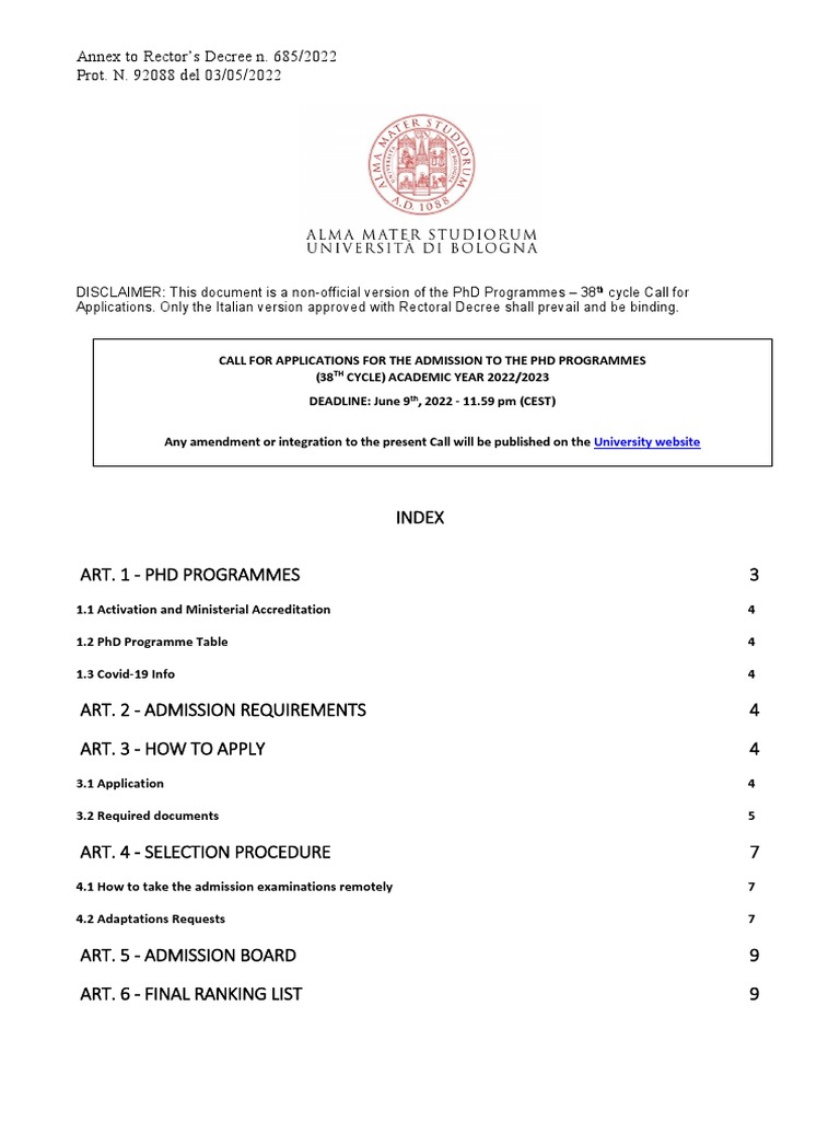 38th Cycle Call ENG | PDF | Academic Degree | Doctor Of Philosophy