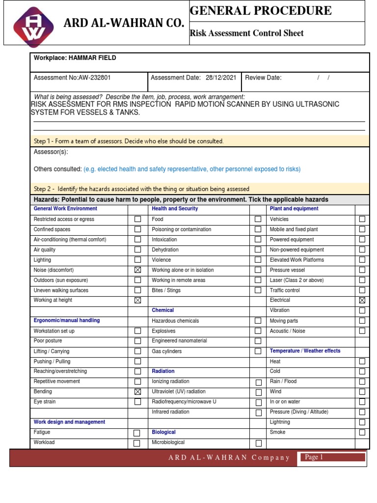 Risk Assessment Control Sheet | PDF