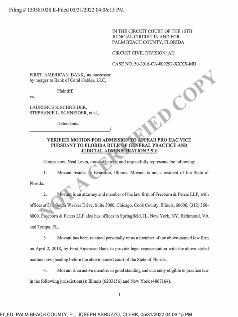 (16-009292 977) Neal H. Levin Verified Motion To Appear Pro Hac Vice ...
