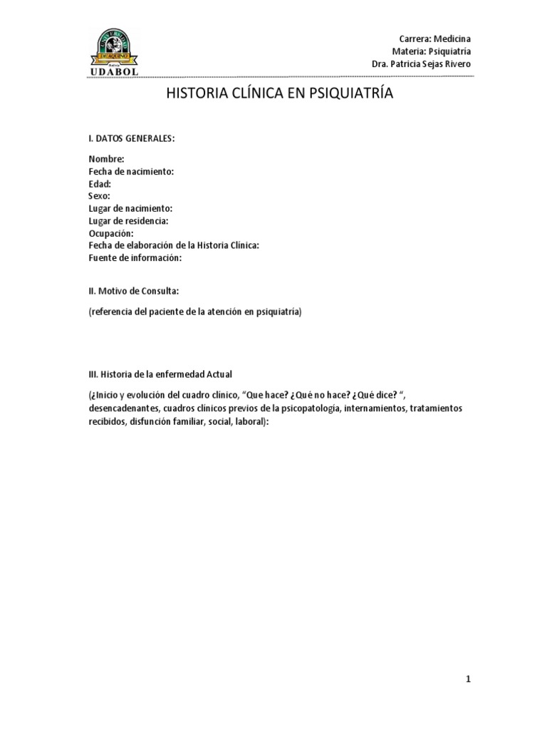 Formato de Historia Clínica Psiquiátrica | Descargar gratis PDF | Historial médico | Medicina