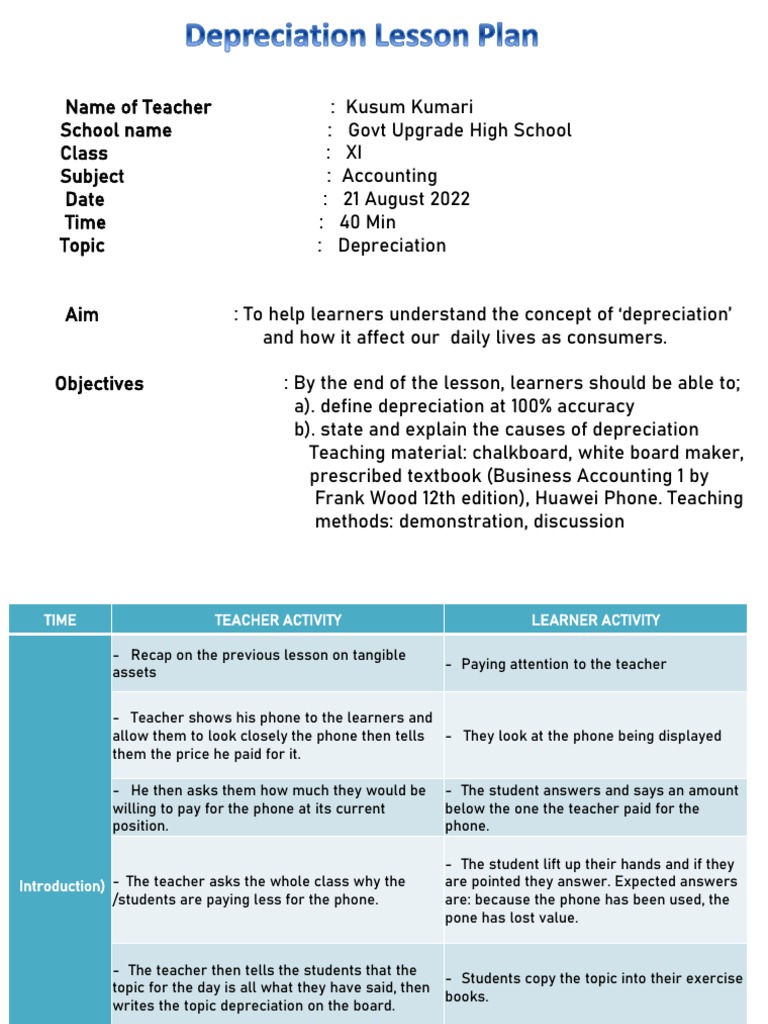 Lesson Plan Depreciation | PDF | Depreciation | Teachers