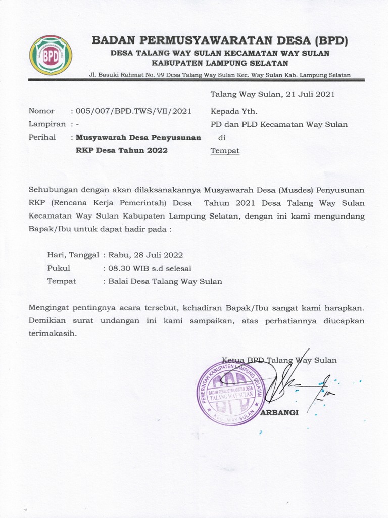 Undangan MUSDES Penyusunan RKP | PDF