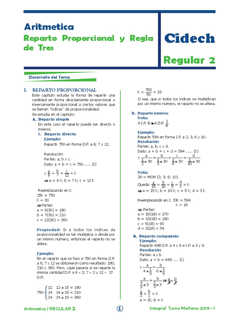 Aritemtica - 2 - Reparto Proporcional y Regla de Tres. | PDF | Cantidades fisicas | División ...