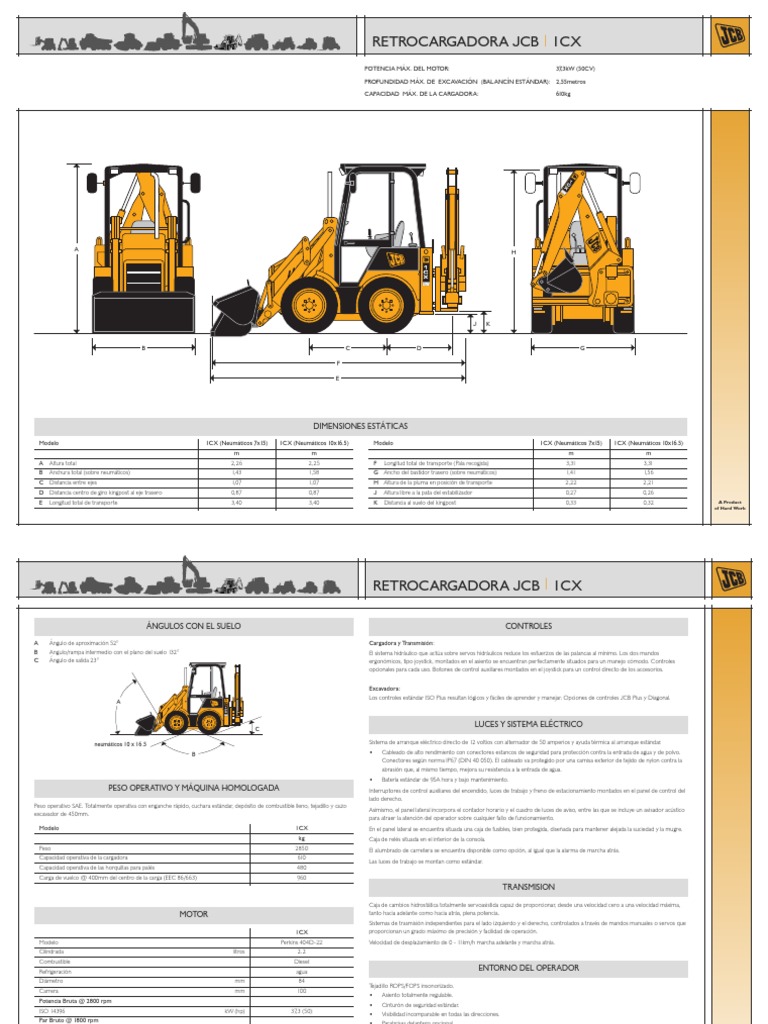 JCB - Miniretro - 1CX - Ficha Técnica | PDF | Neumático | Bomba