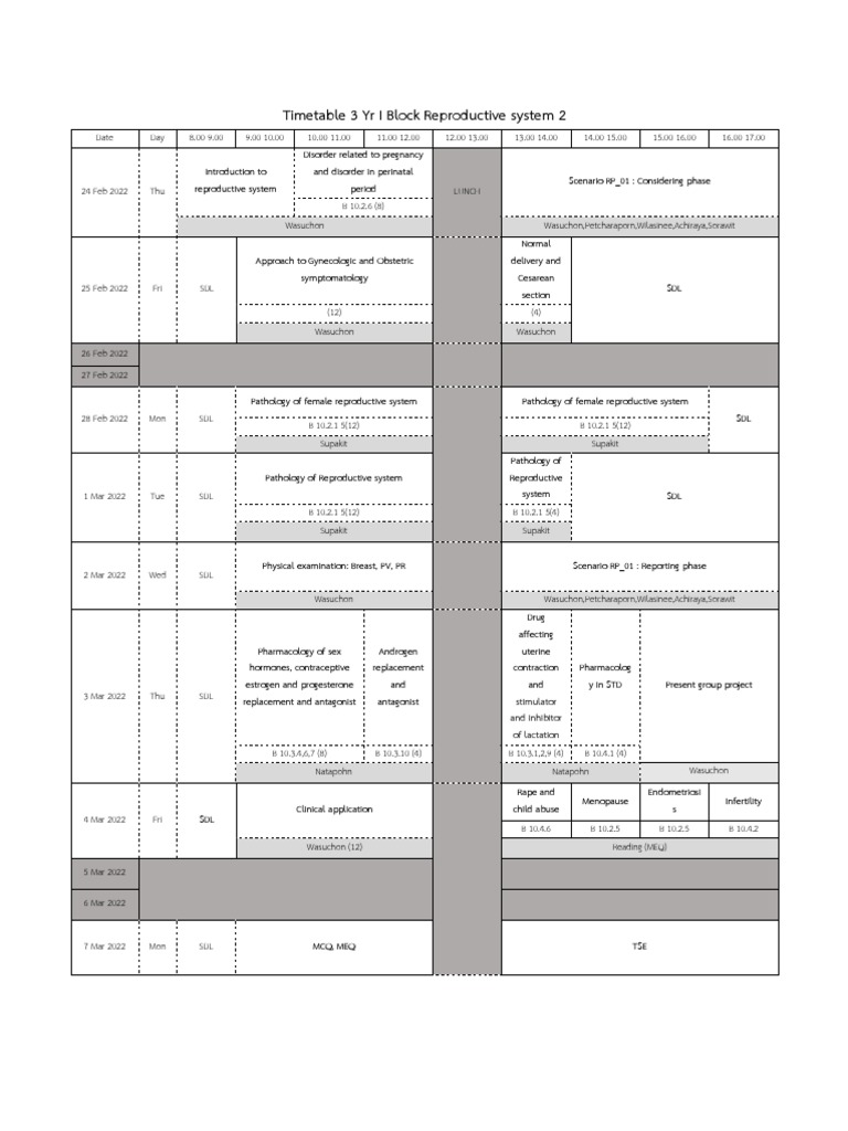 Timetable 3 Yr I Block Reproductive System 2022v2 | PDF