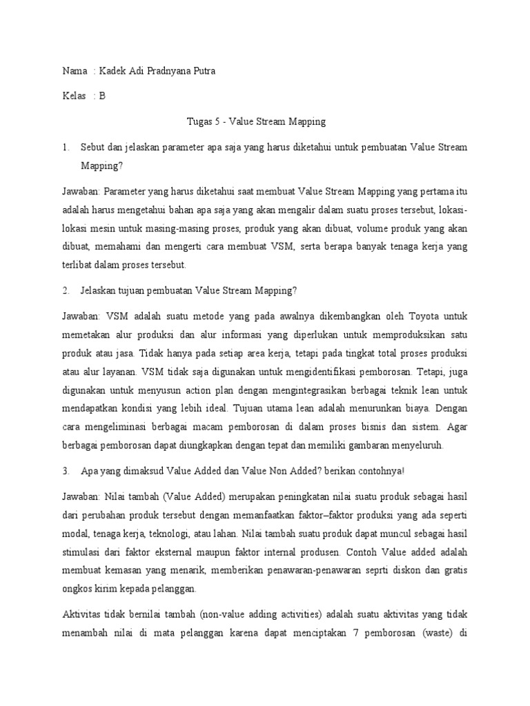 Kadek Adi Pradnyana Putra - Kelas B - Tugas 6 - Value Stream Mapping | PDF Kadek Adi Pradnyana Putra - Kelas B - Tugas 6 - Value Stream Mapping | PDF