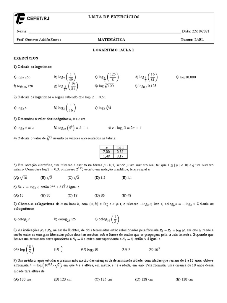 CEFET - 2021 2AEL Logaritmos Aula - 1 | PDF | Matemática