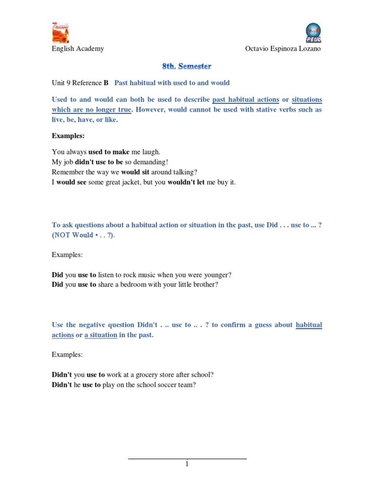 Unit 9 Reference B Past Habitual With Used To and Would | PDF
