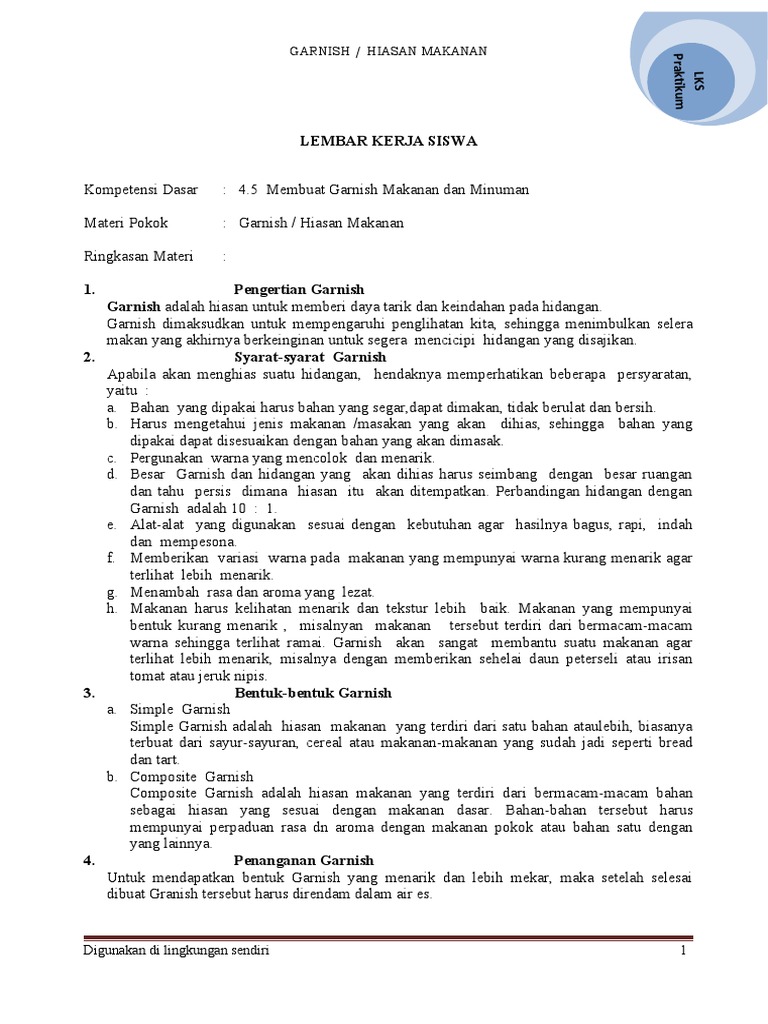 LKS Praktikum Garnish Makanan | PDF | Memasak, Makanan, & Anggur