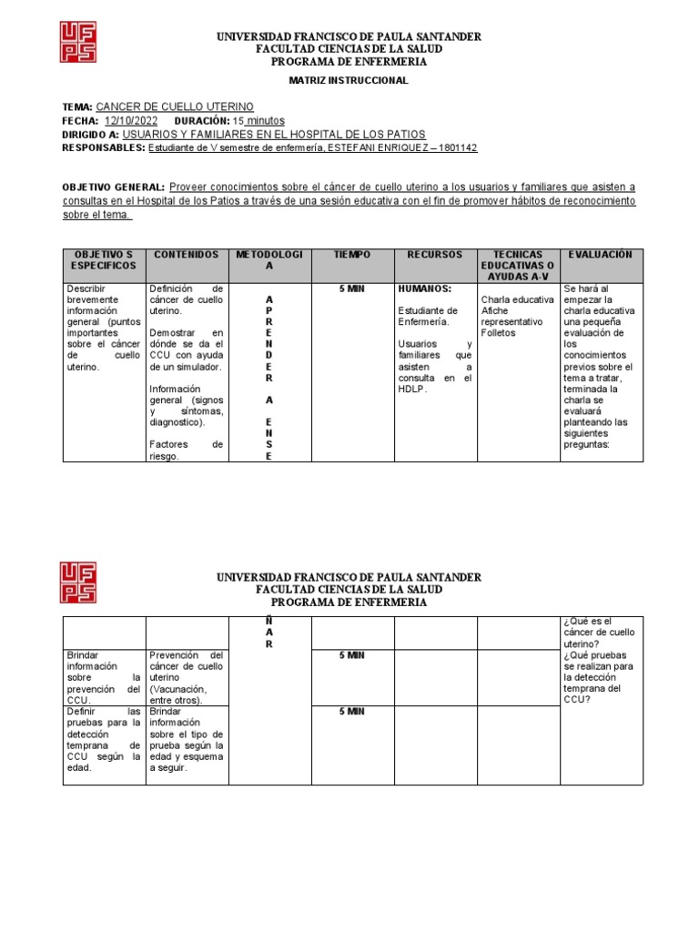 Matriz Cancer de Cuello Uterino | PDF | Cáncer de cuello uterino | Cáncer