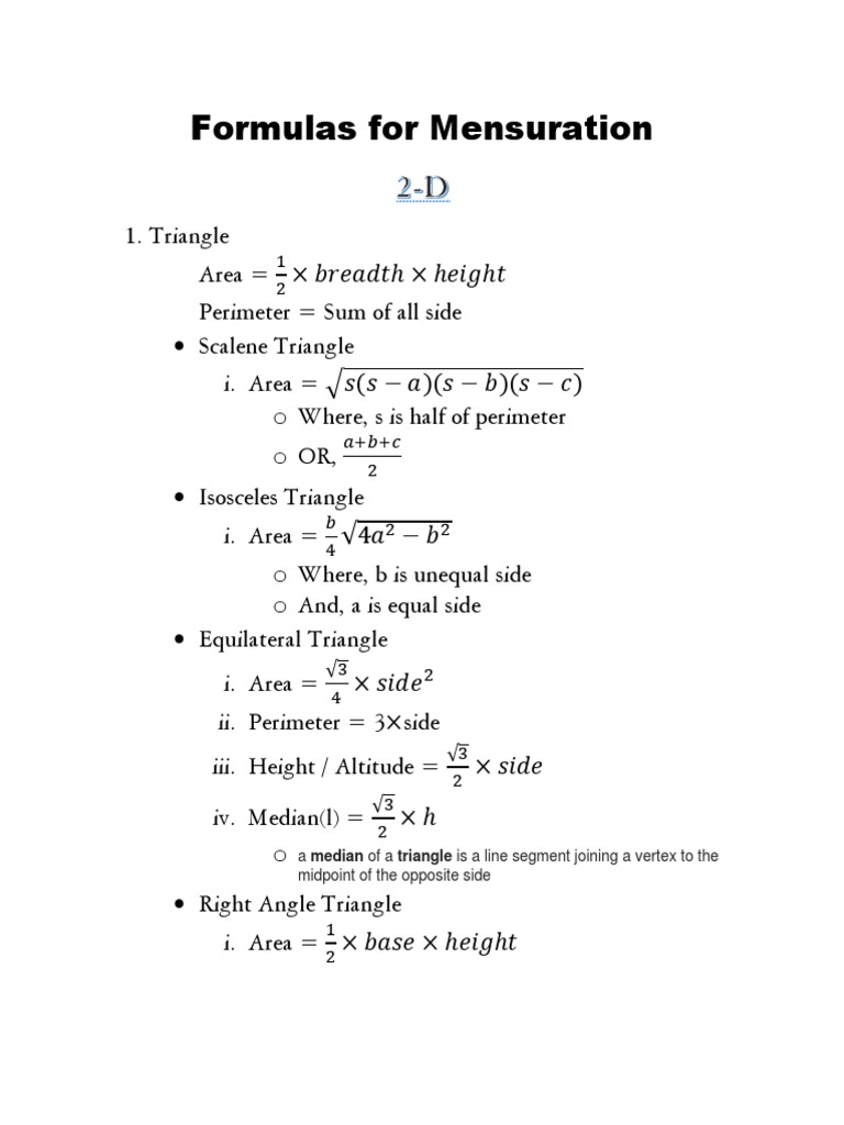 Formulas For Mensuration | Download Free PDF | Area | Triangle
