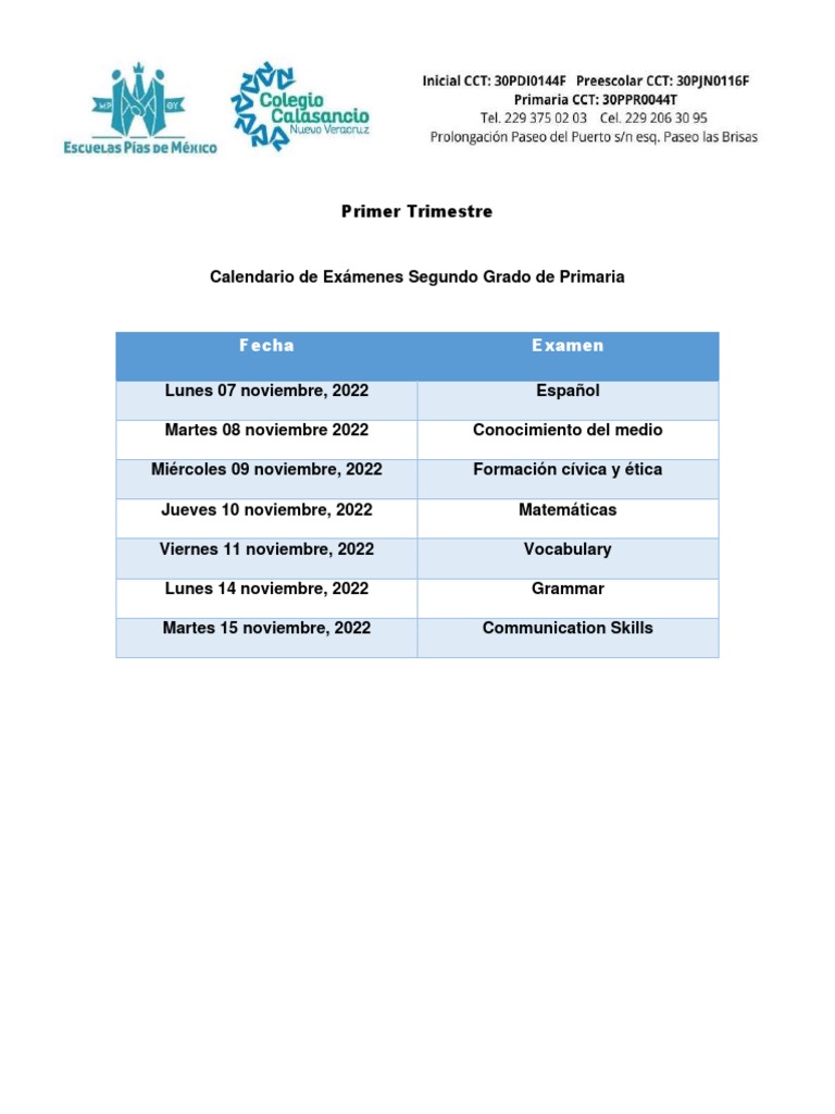 1er Trimestre Temarios y Calendario de Exámenes | PDF