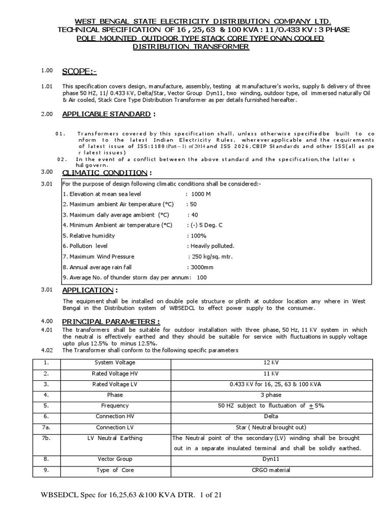 Final Specification Of 16 25 63 100 KVA Distribution