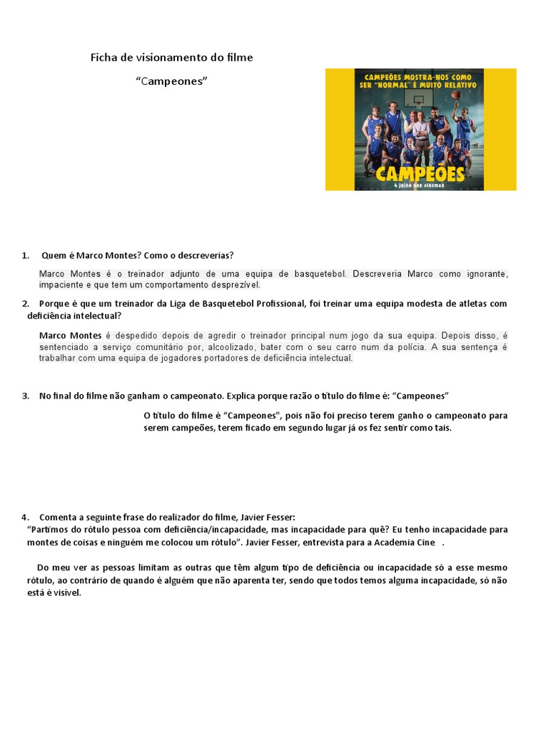Ficha de Visionamento Do Filme - Campeones | PDF