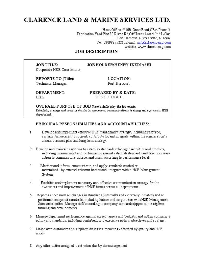 Hse Job Description | Strategic Management | Engineering