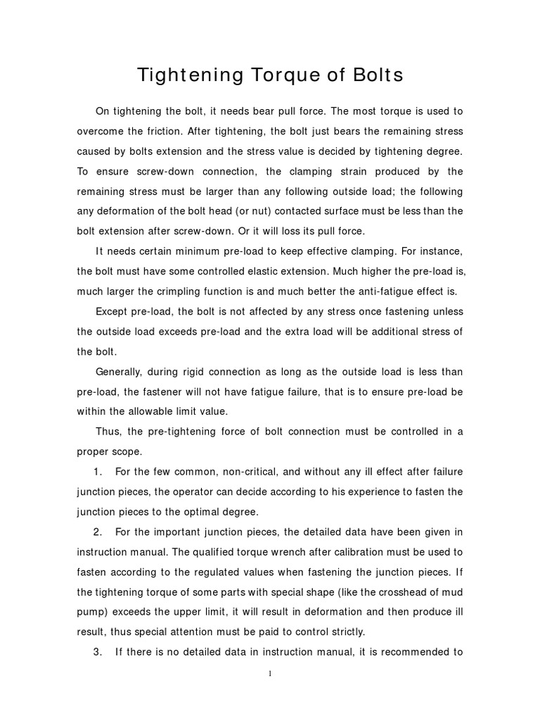Tightening Torque of Bolts | PDF | Screw | Components