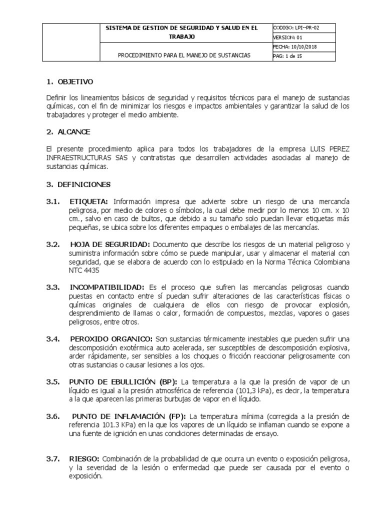 Pr-02-Procedimiento para El Manejo de Sustancias Quimicas | PDF | Agua | Combustión