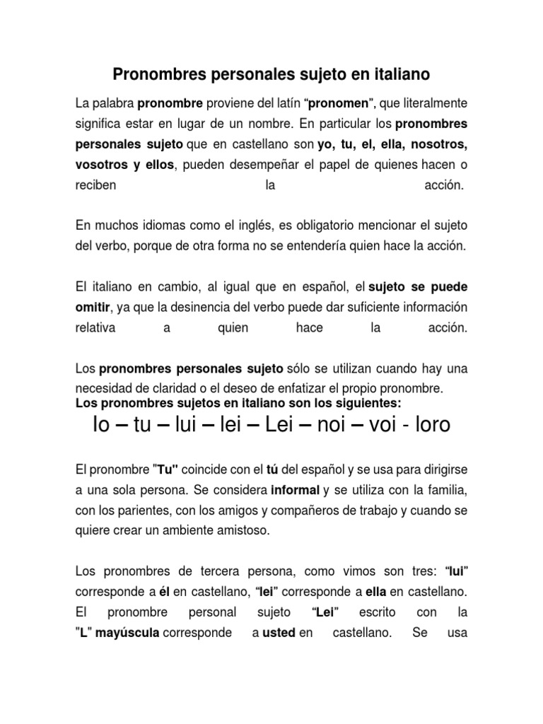 Pronombres Personales Sujeto en Italiano | PDF