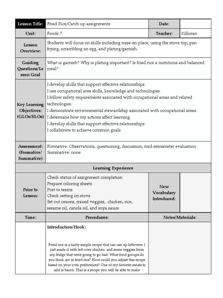 Fried Rice Lesson Plan | Download Free PDF | Lesson Plan | Foods