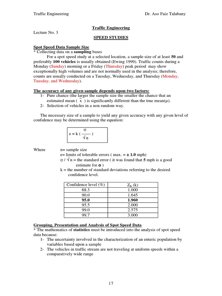 Lecture 3-Speed Studies (Spot Speed) | PDF | Sample Size Determination ...