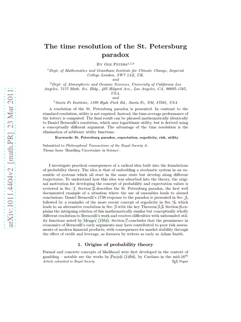 The Time Resolution of The St. Petersburg Paradox | PDF | Utility | Axiom