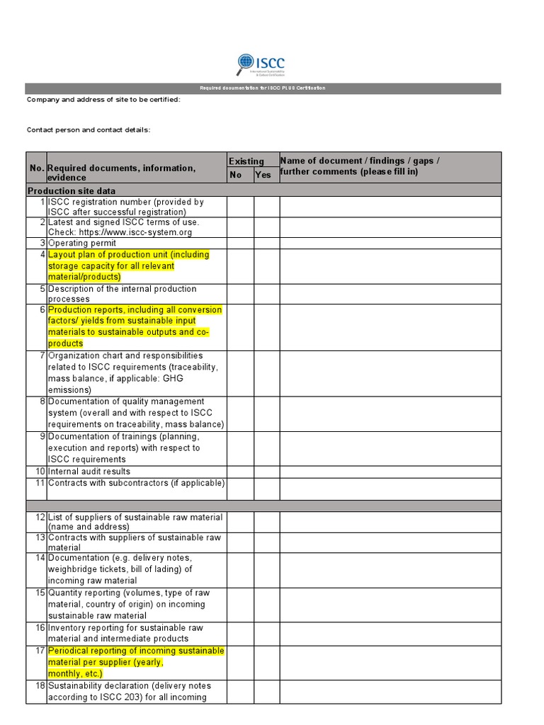 ISCC PLUS - Checklist 1 | PDF
