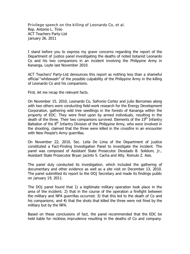 Privilege Speech Leonardo Co, Et Al. Killing | Civilian | War Crime