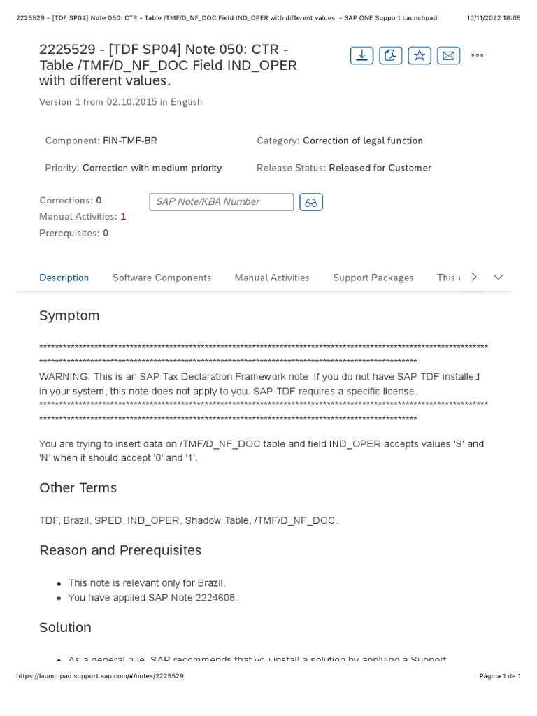 (TDF SP04) Note 050: CTR - Table :TMF:D - NF - DOC Field IND - OPER ...