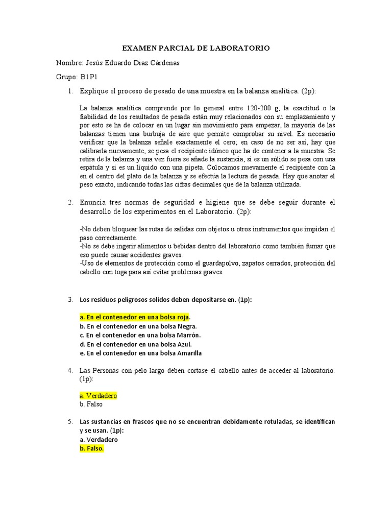 Examen Parcial de Laboratorio de Quimica | PDF | Laboratorios | Balanza