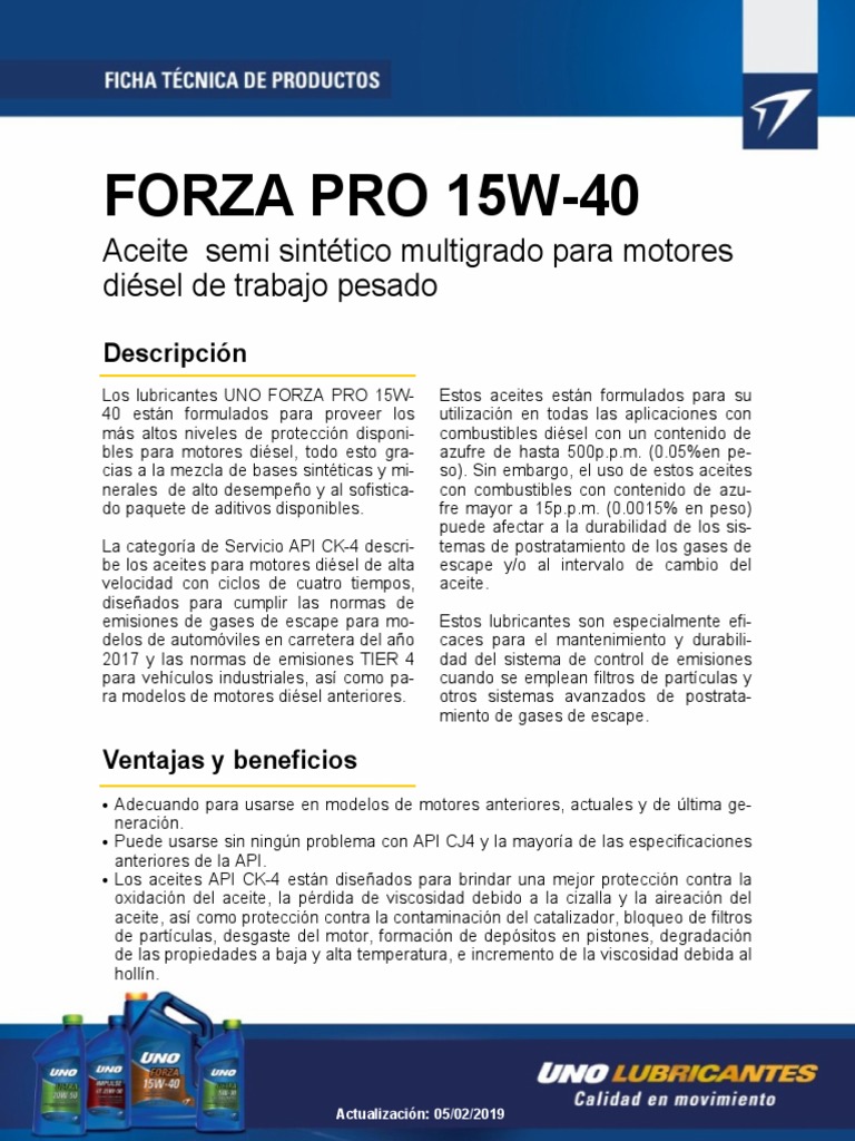 Forza Pro 15w40 Ck4 SN Carta | PDF | Motor diesel | Lubricante