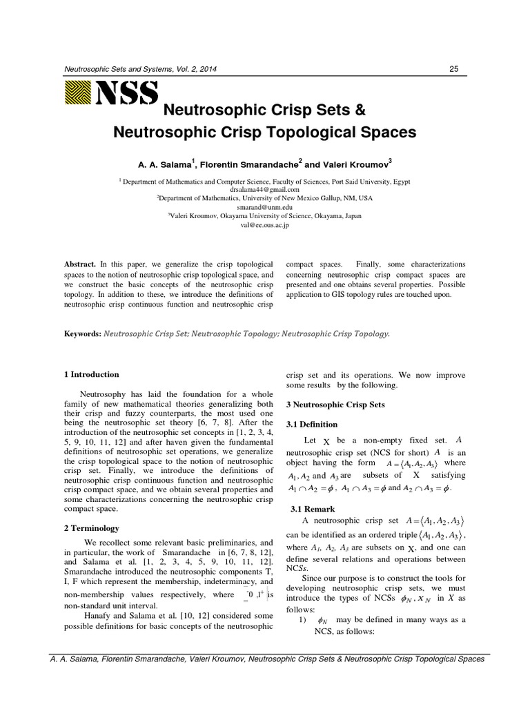 Neutrosophic Crisp Sets & Neutrosophic Crisp Topological Spaces | PDF | Compact Space | Geometry