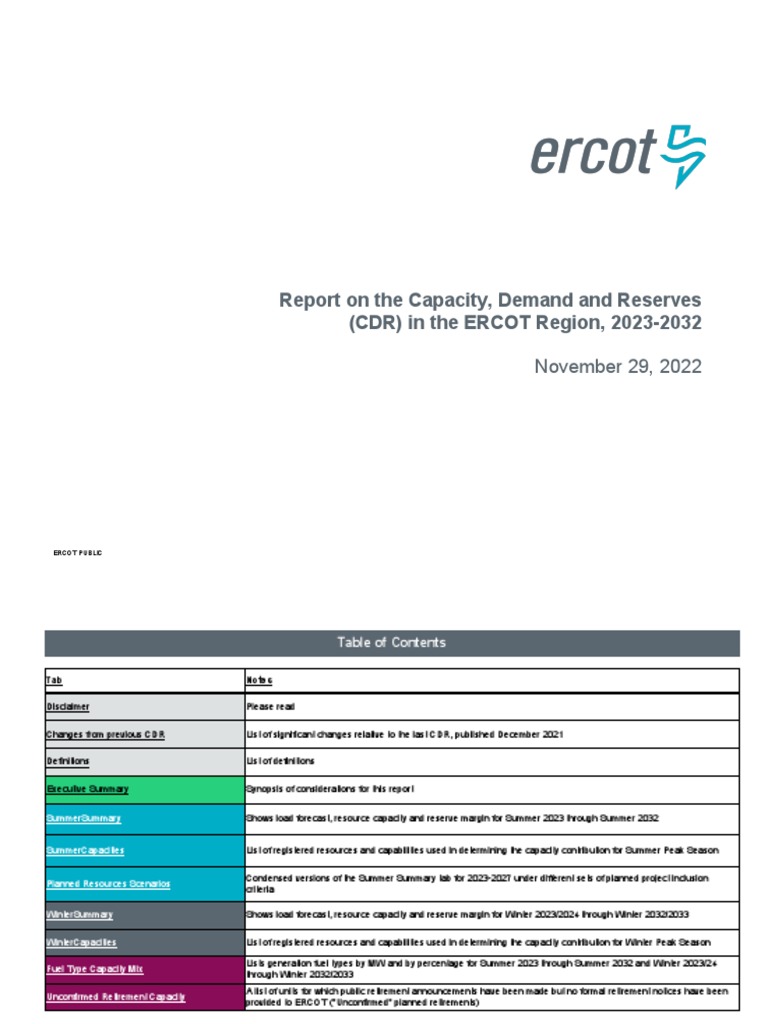 Report On The Capacity, Demand and Reserves (CDR) in The ERCOT Region ...