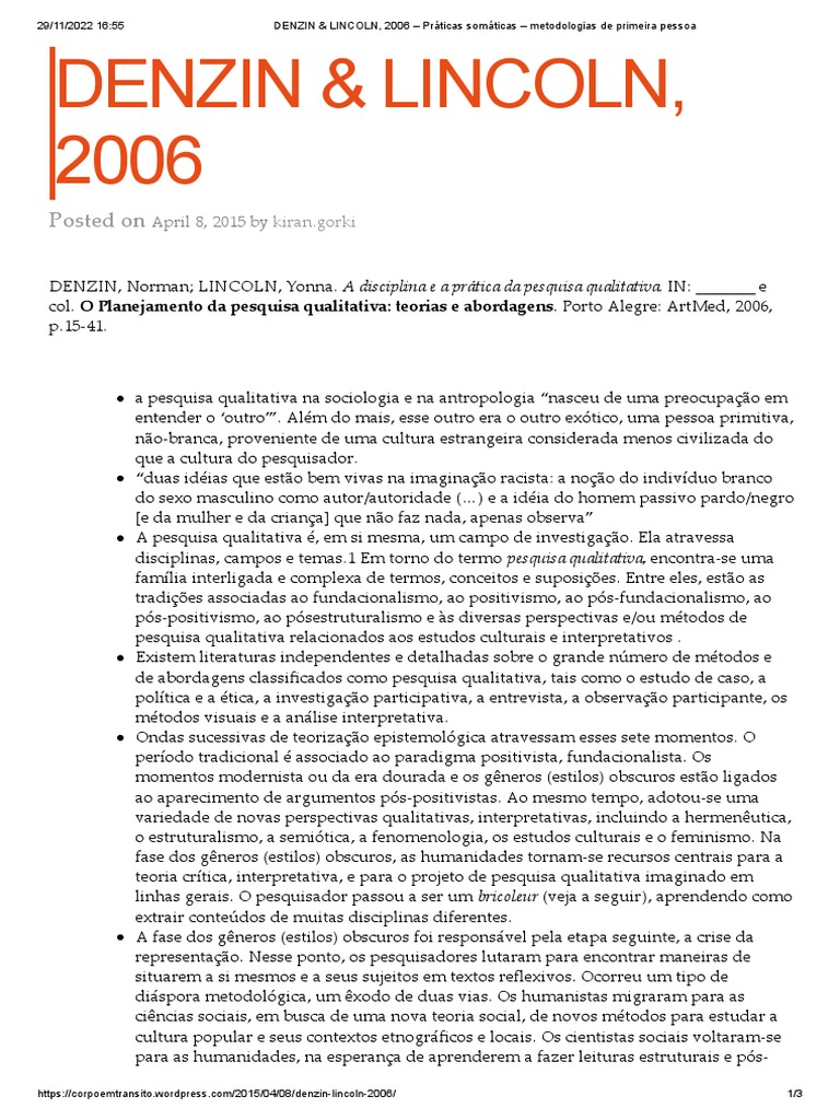 DENZIN & LINCOLN, 2006 - Práticas Somáticas - Metodologias de Primeira ...