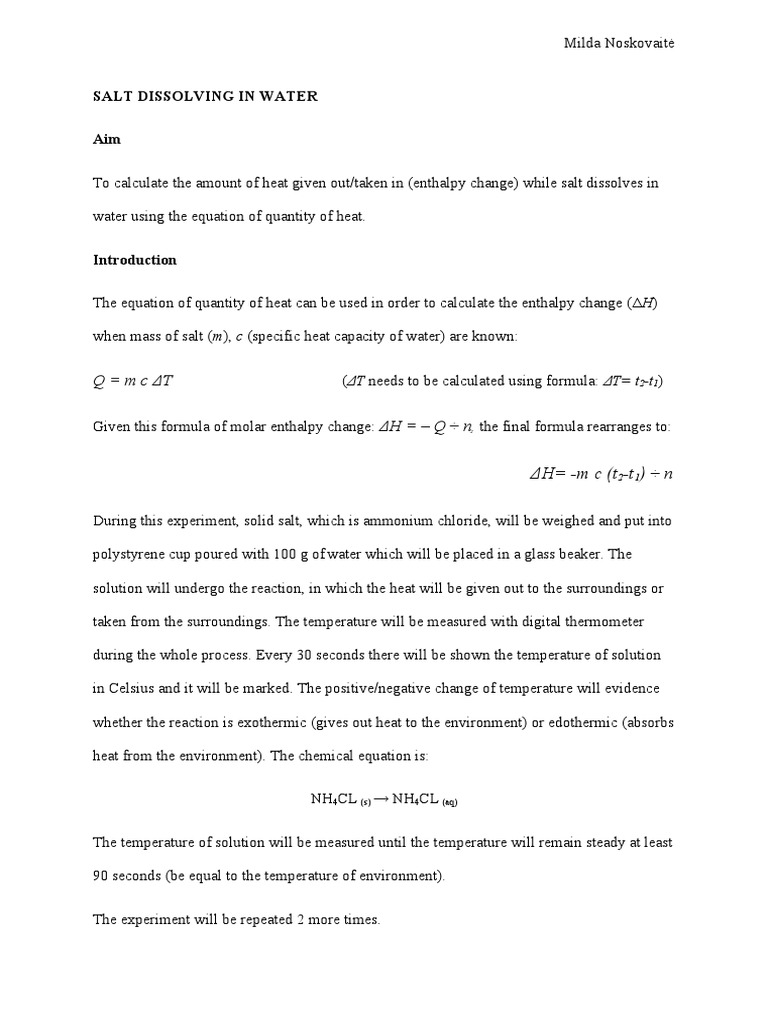 Salt Dissolving in Water | PDF | Mole (Unit) | Heat