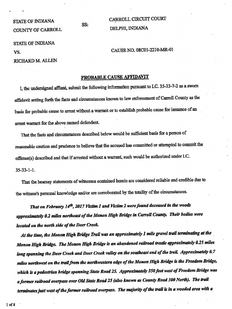 Richard Allen Probable Cause Affidavit | PDF | Arrest Warrant | Probable Cause