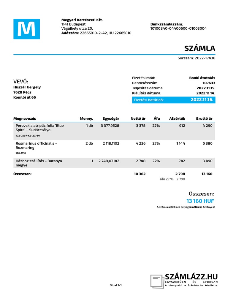 Számla: Megyeri Kertészeti Kft. Bankszámlaszám | PDF