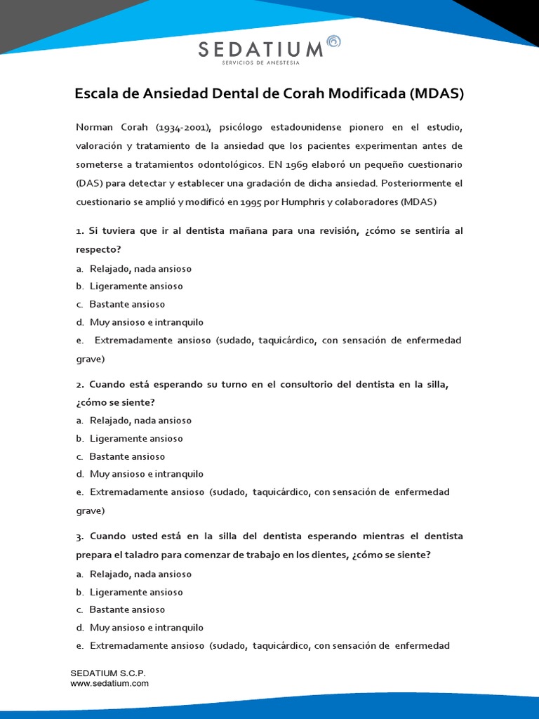 La Escala de Ansiedad Dental de Corah Modificada (MDAS): Una ...