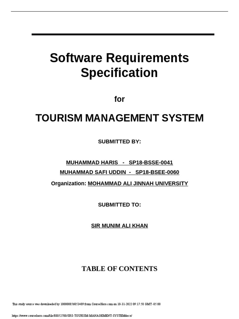 SRS Tourism Management System | PDF | Computers | Technology & Engineering