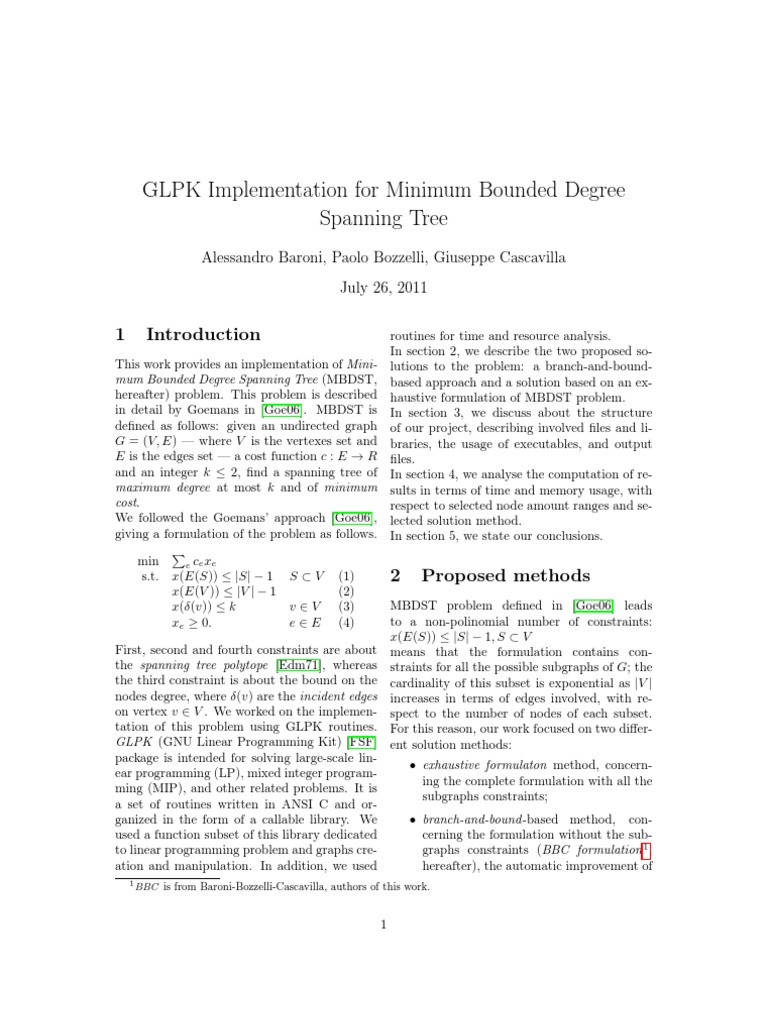 GLPK Implementation For Minimum Bounded Degree Spanning Tree | PDF | Linear Programming ...