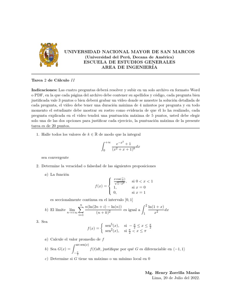 Tarea de Cálculo II: Integrales y Funciones | PDF