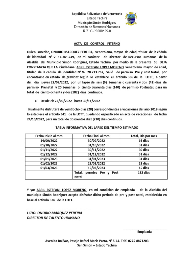 Acta Control Interno Reposo Pres y Post Natal Abril Lopez | PDF | Venezuela | América del Sur