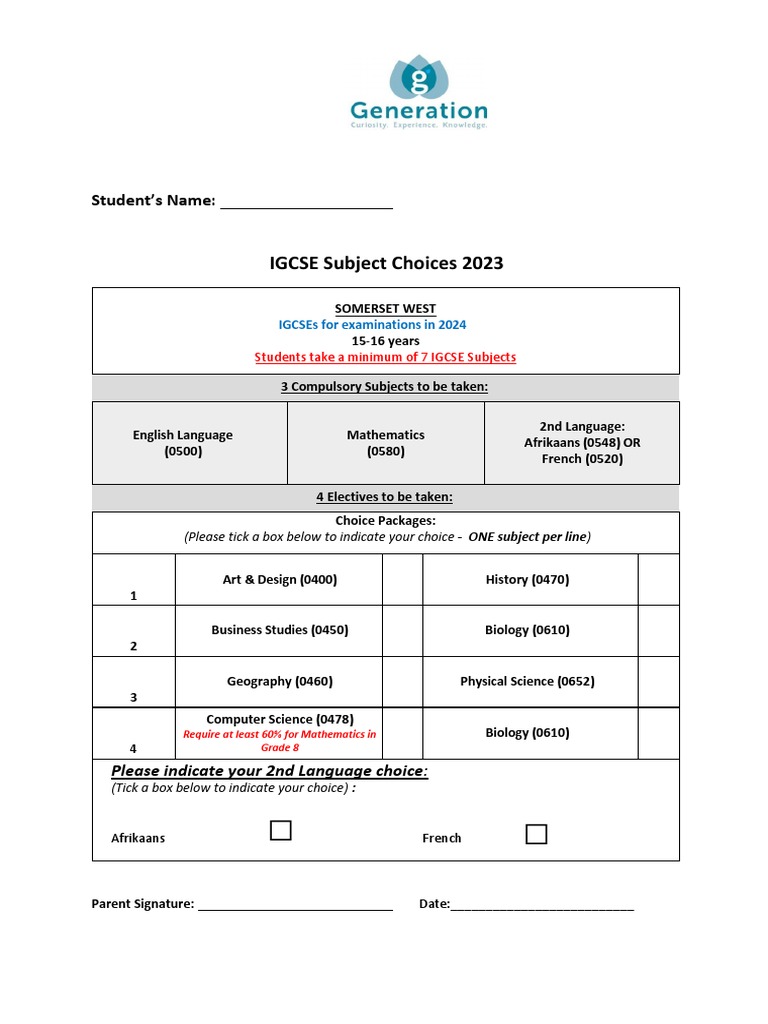 IGCSE Subject Choice Form 2023 | Download Free PDF | Educational Stages ...