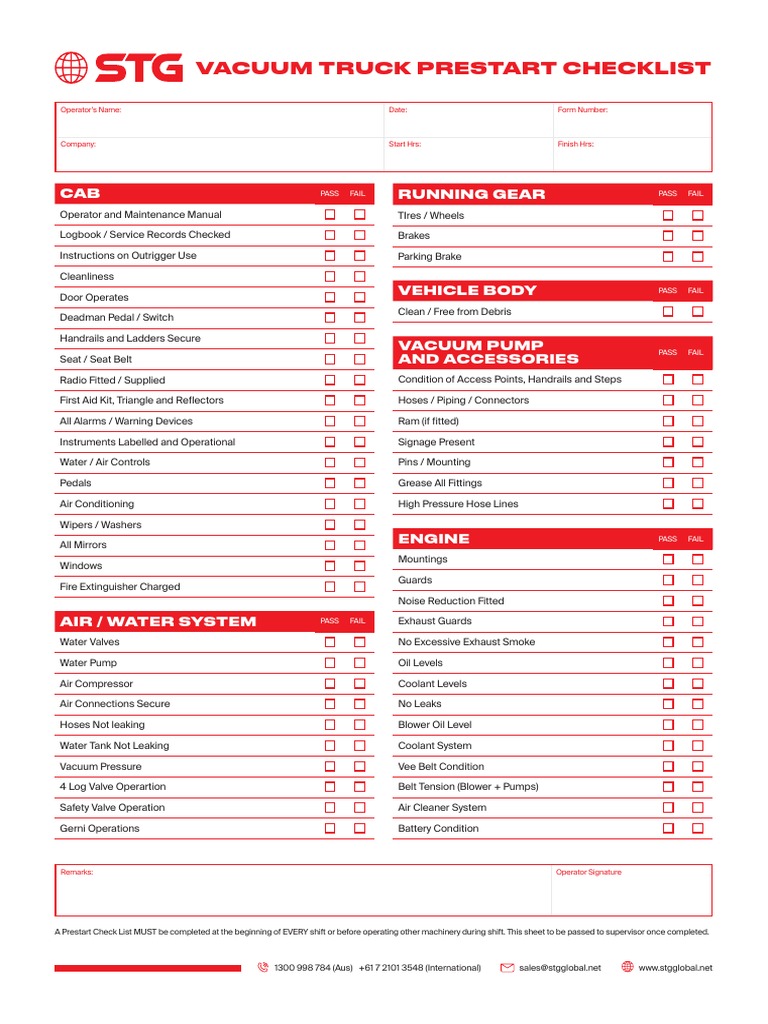 Vacuum Truck Prestart Checklist | PDF