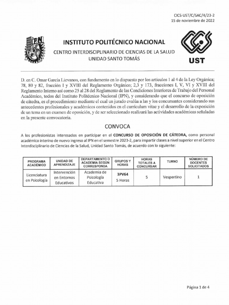 CICS UST C SAC 4 23 2 Convocatoria Docente Psicologia Entornos | PDF