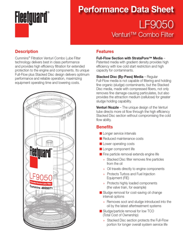 PD10011 LF9050 Venturi Combo Lube Filter Performance Datasheet | PDF | Filtration | Motor Oil
