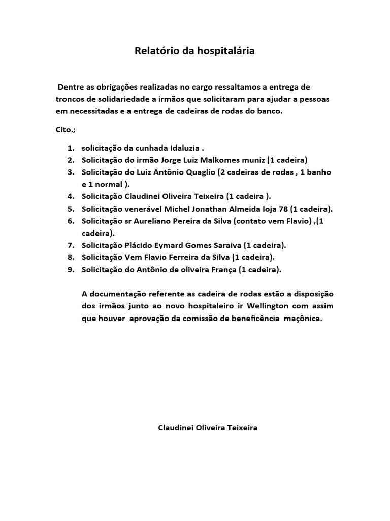 Relatório Da Hospitalaria | PDF