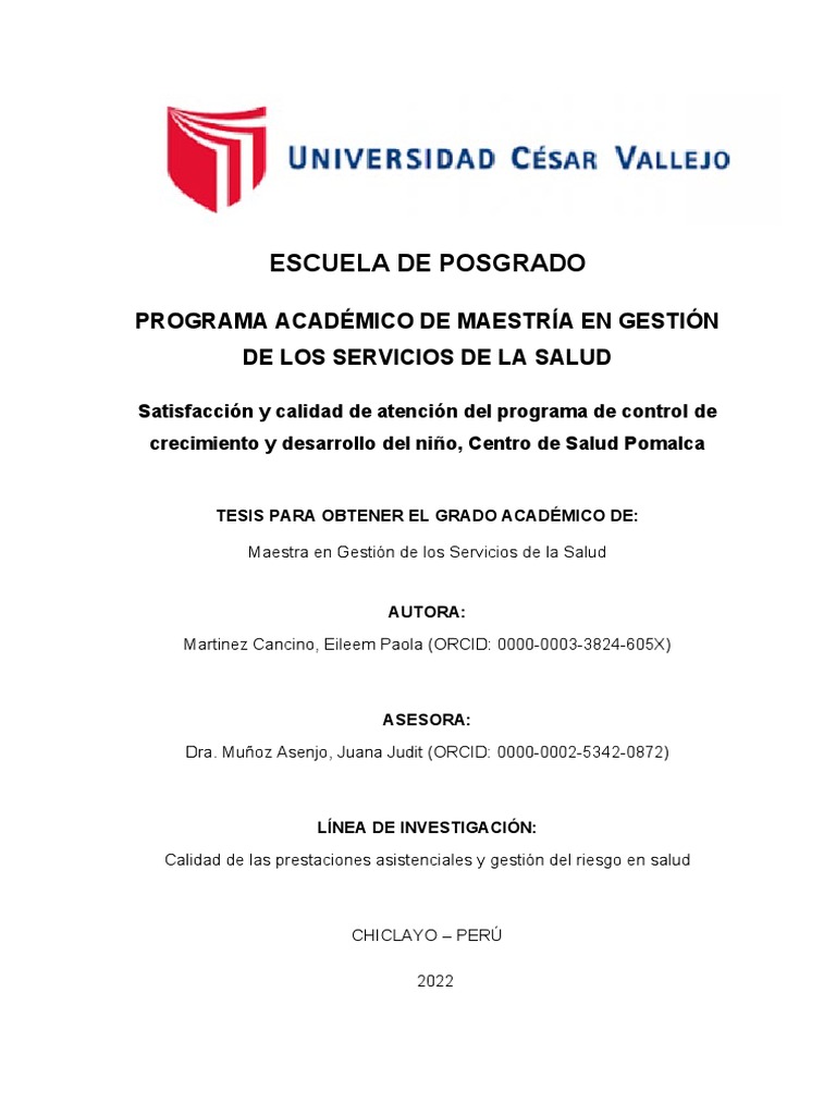 Satisfacción y Calidad de Atención Del Programa CRED CENTRO DE SALUD POMALCA 2022 | PDF ...